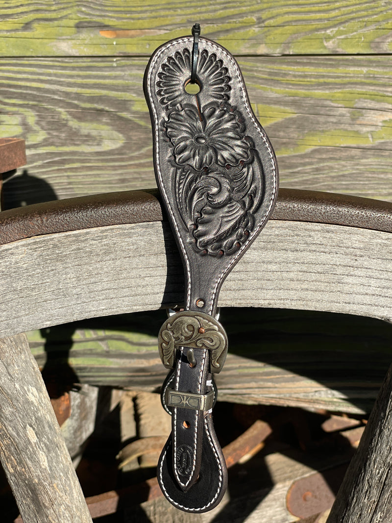 Clay Cassle - Large Black Tooled Spur Straps w/ Scroll KK Buckles ...